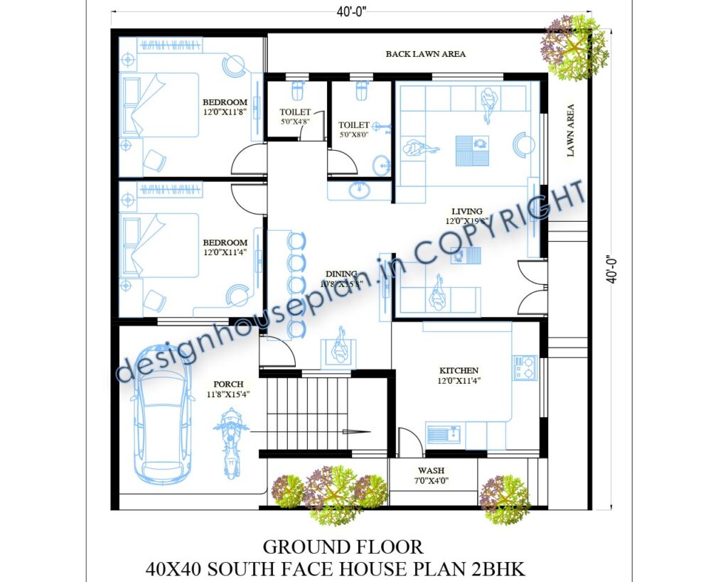 40x40 house plans 2 bedroom with car parking