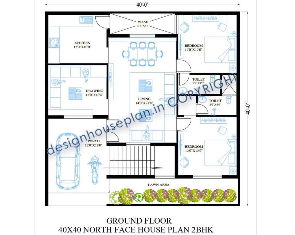 40x40 house plans 2 bedroom with car parking