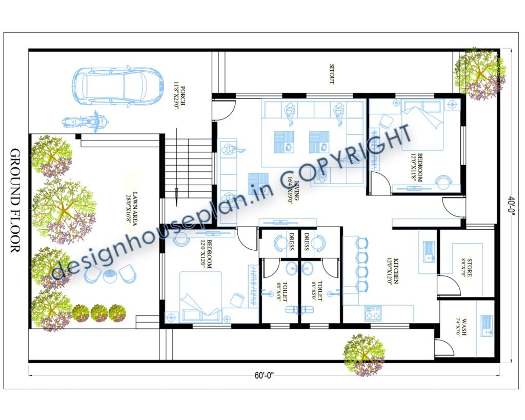 Single Floor 40x60 House Plans With 2 Bedroom