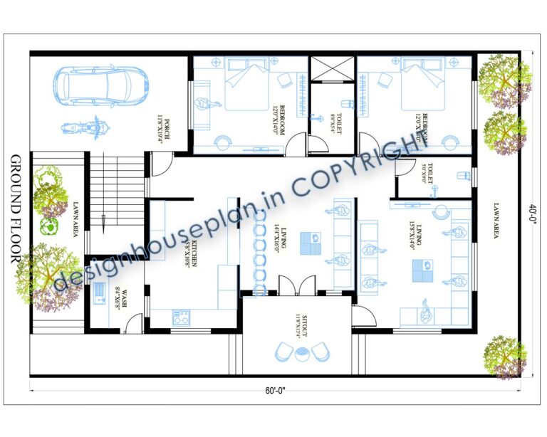 Single Floor 40x60 House Plans With 2 Bedroom